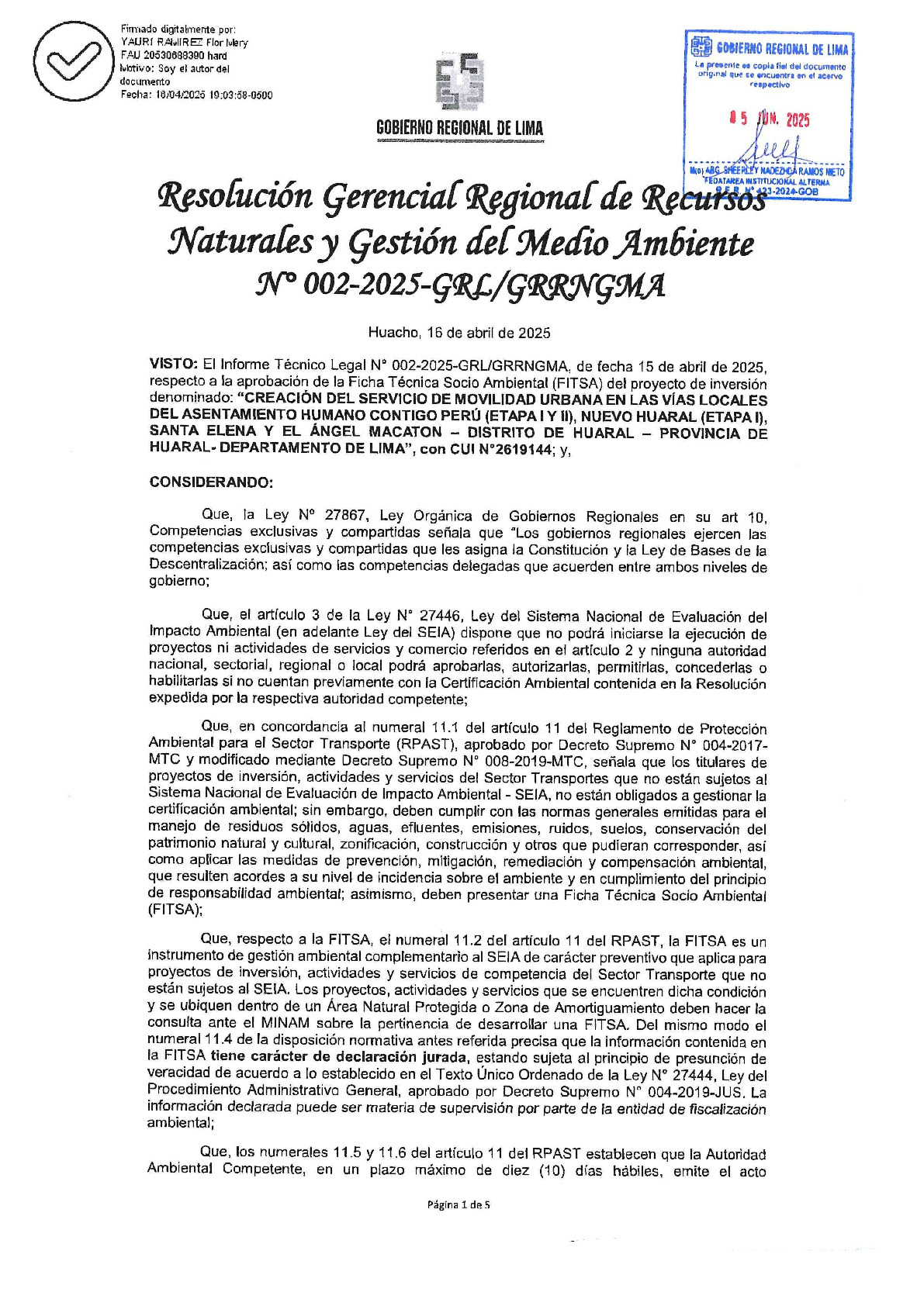 RESOLUCIÓN GERENCIAL REGIONAL DE RECURSOS NATURALES Y GESTIÓN DEL MEDIO AMBIENTE N°002-2025-GRL ...
